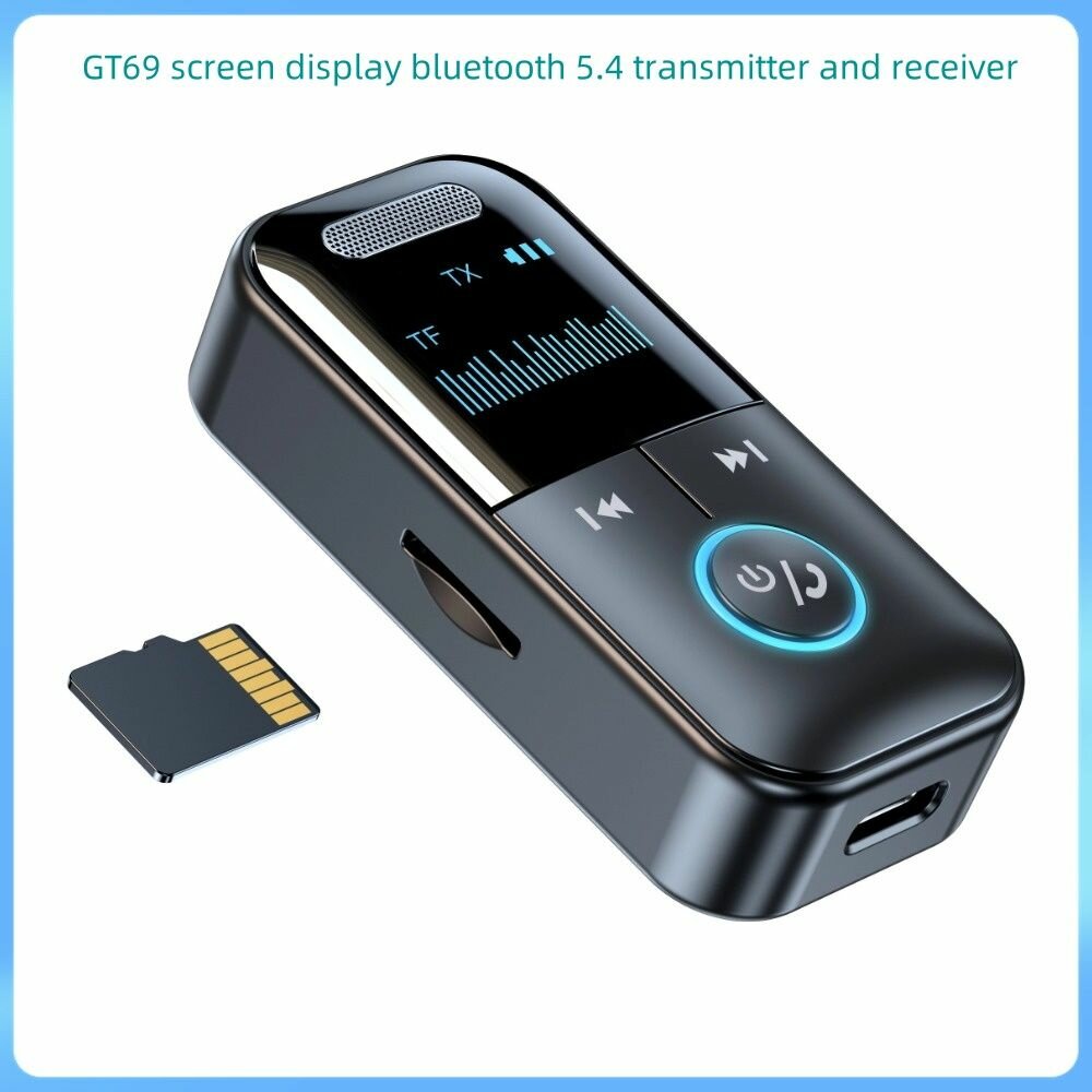 Gt69 bluetooth 5.4 аудиоадаптер 3,5 мм aux беспроводной музыкальный приемник передатчик tf карточный плеер с микрофоном для динамика ПК ТВ