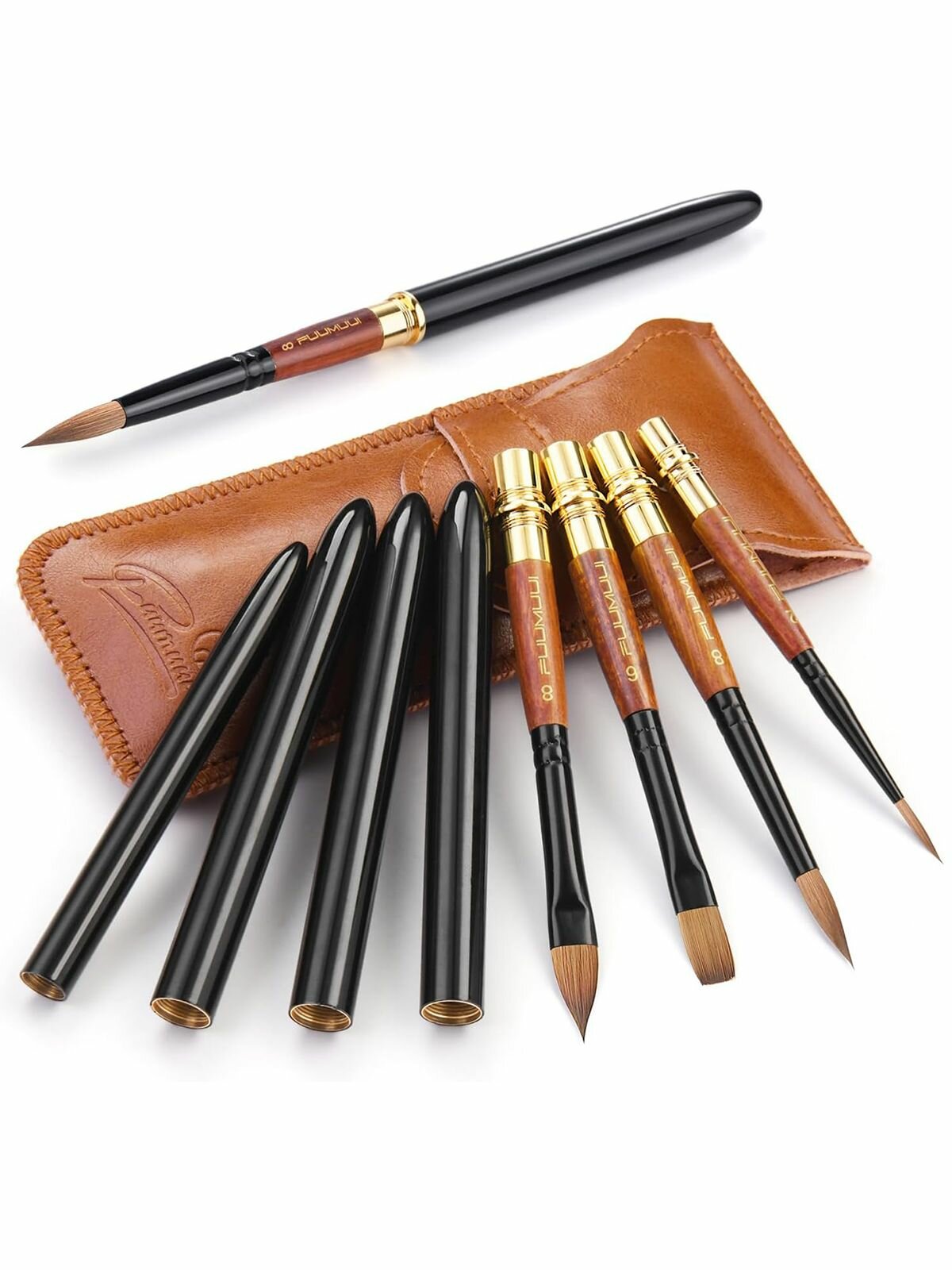 FUUMUUI 4 элегантные кисти для акварели из соболя - дорожный набор с кожаным чехлом