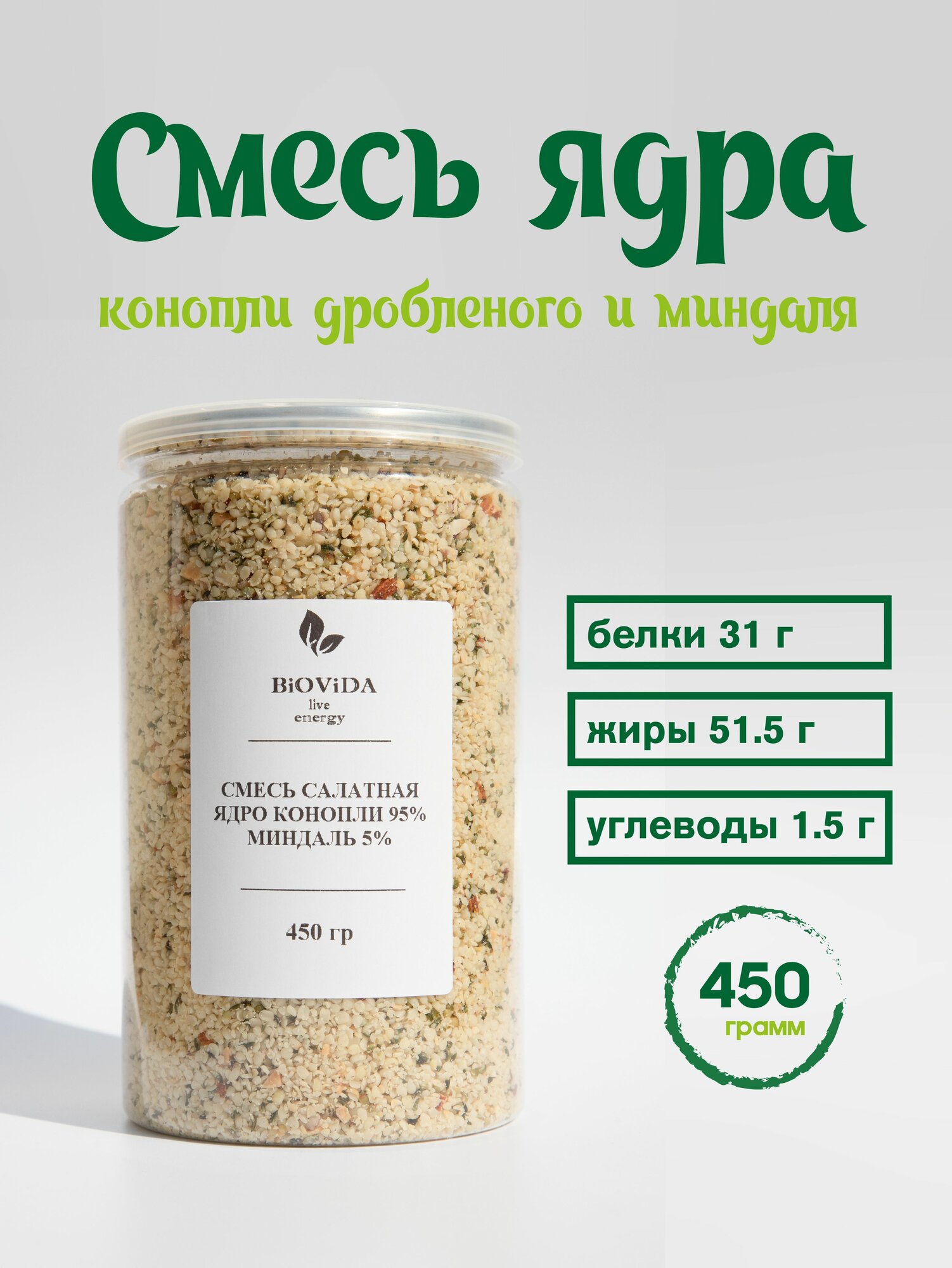 Смесь ядер конопли и миндаля 450г суперфуд, растительный белок, омега-3, без глютена, для веганов Biovida