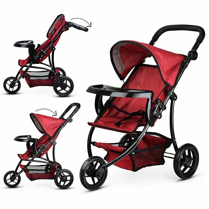 Коляска для кукол Melobo 3-колесная, металлическая, с тентом, с корзиной, цвет бордовый