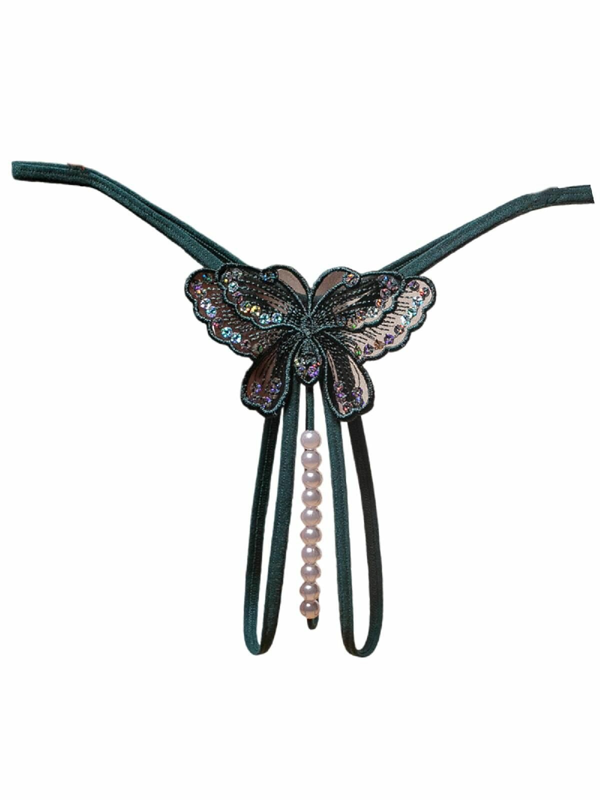 Кружевное нижнее белье с бабочкой и бусинами, Темно-зеленый