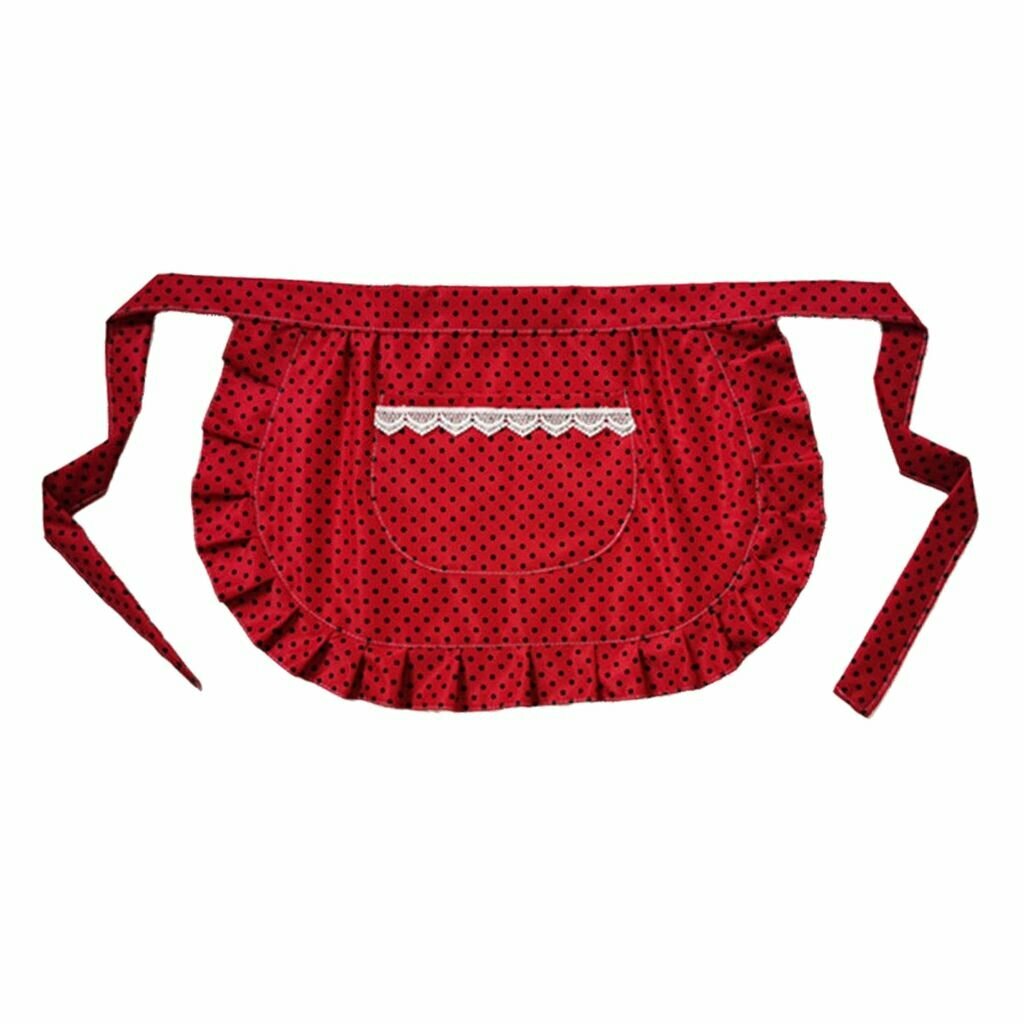 Костюм для ролевых игр, Фартук до середины бедра - маленький фартук в бордовый черный горошек с карманами