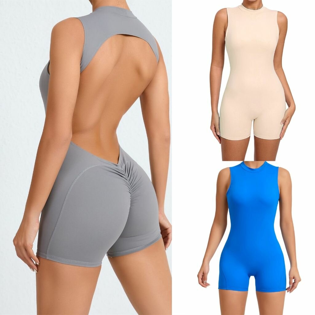 Европейское и американское облегающее платье без рукавов для йоги королевского синего цвета M с открытой спиной широкой горловиной.