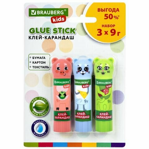 12 шт. Клей-карандаш "Зверята: кошка, мышка, хрюшка", 9 г, фигурный колпачок, 3 шт./блистер, BRAUBERG KIDS, 271141