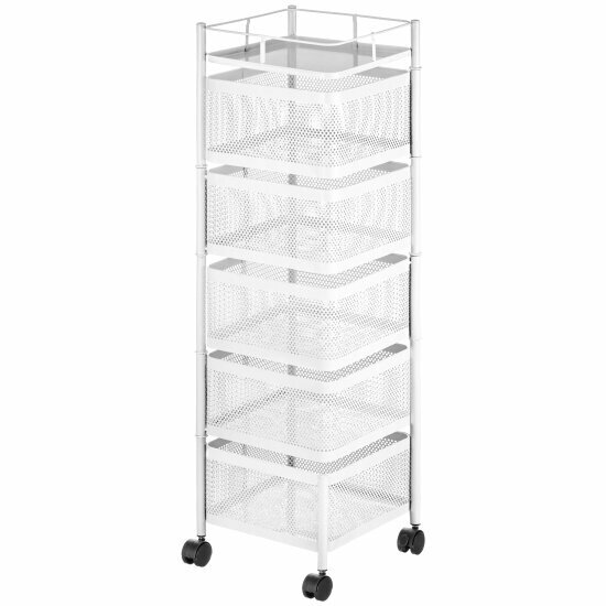 Этажерка EL Casa "Белая" 5 ярусов 27х27х95 см, с выдвижными корзинами, на колесиках, металл, белый (240631)