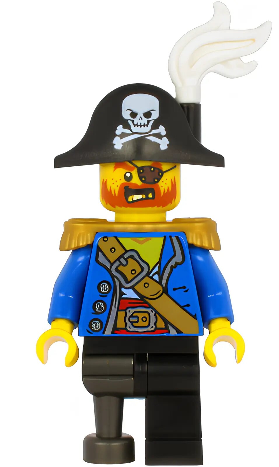 Минифигурка Lego Pirate Captain - Bicorne Hat with Skull and White Plume, Pearl Gold Epaulettes, Blue Open Coat, Black Leg and Pearl Dark Gray Peg Leg pi185 U