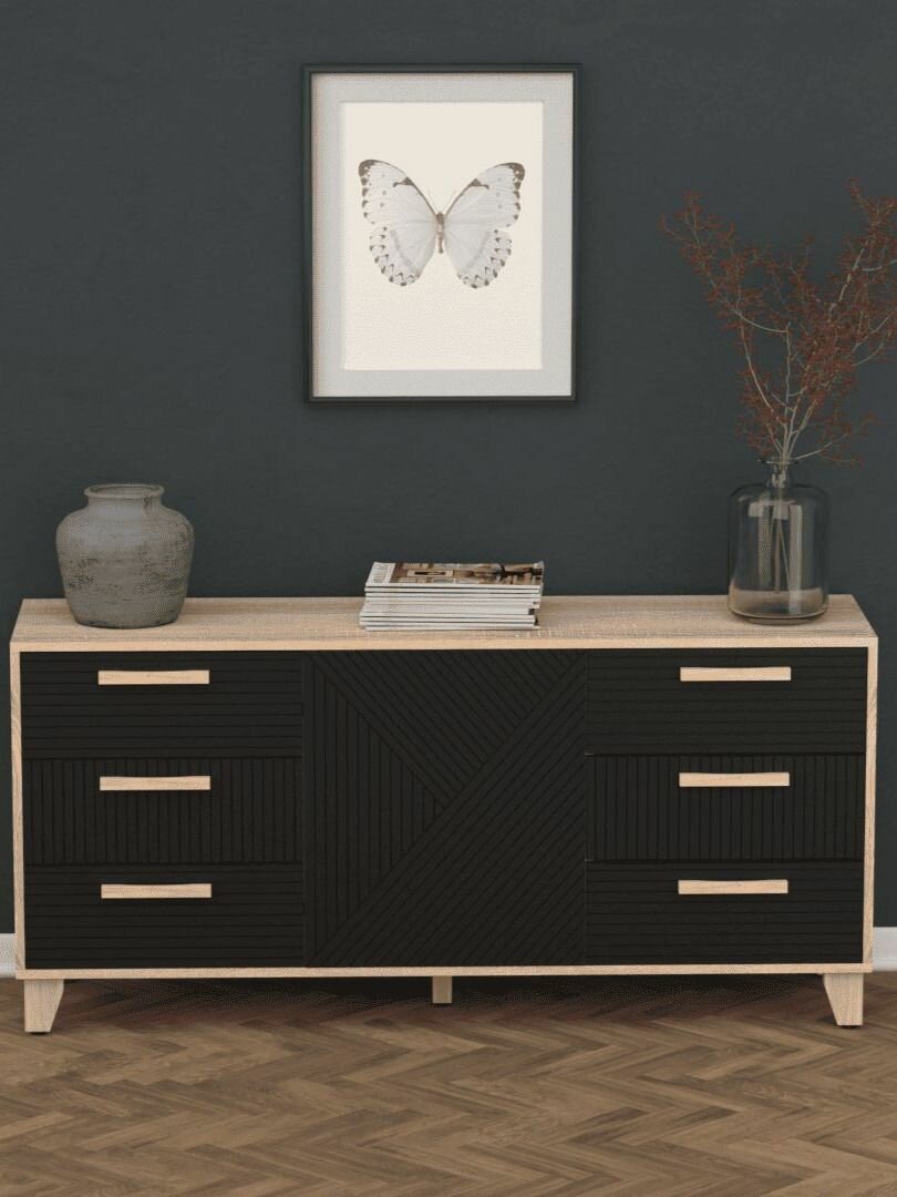 Комод с ящиками Копенгаген Дуб Сонома / Черный матовый (12 Стульев)