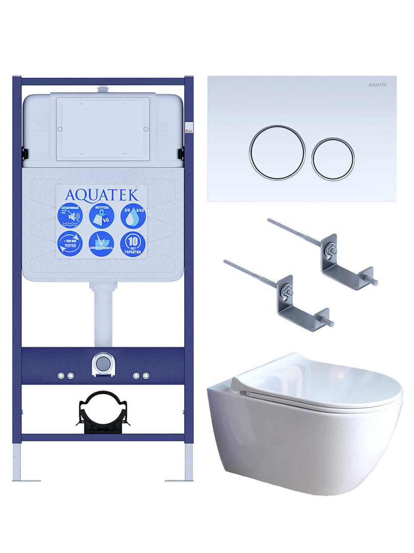 Комплект унитаз с инсталляцией, кнопкой и сиденьем микролифт Aquatek Поларис Set -01-015 4в1 безободковый