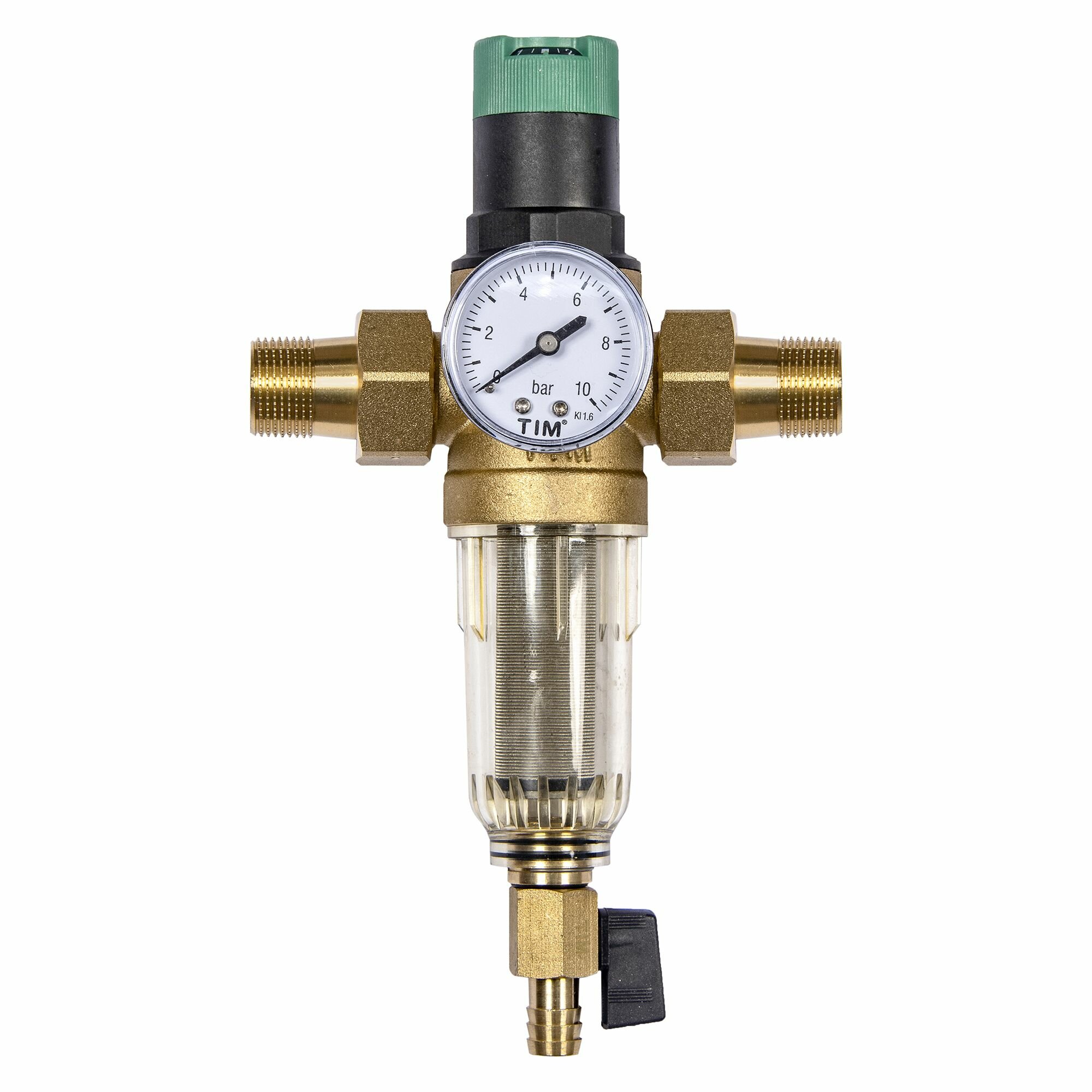 Фильтр с редуктором давления 3/4" самоочищающийся с манометром, американками и дренажем, прозрачная колба, TIM, JH-2008