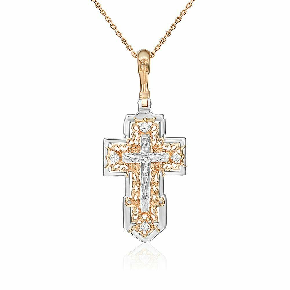 Крестик, комбинированное золото, 585 проба, родирование, фианит