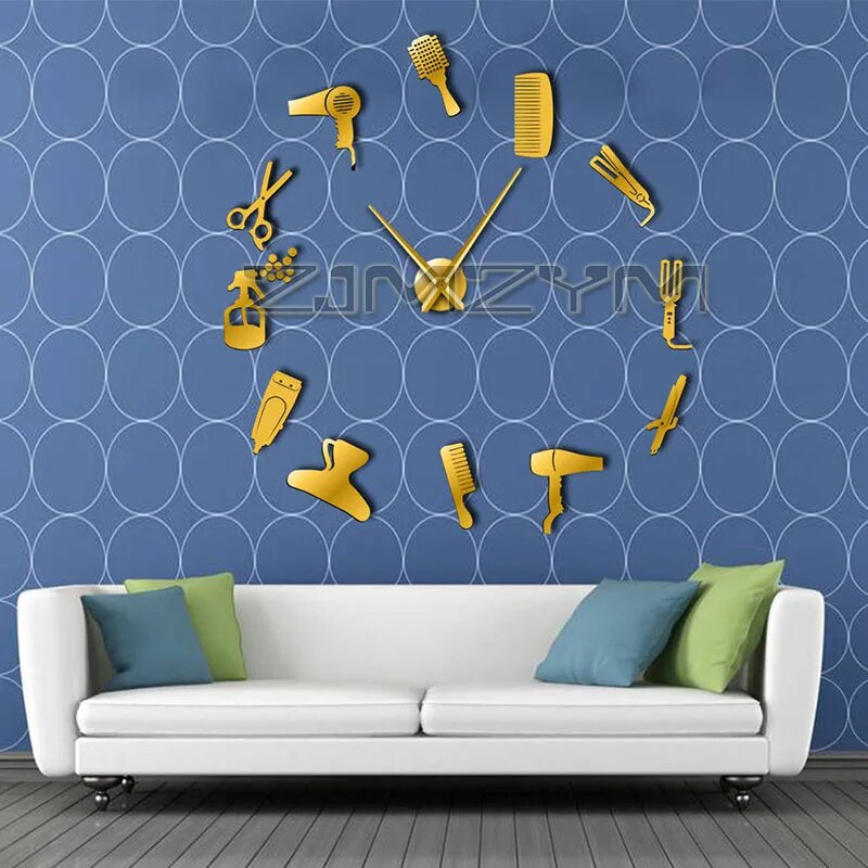 Парикмахерские инструменты, настенные часы для парикмахерской, гигантские настенные часы с зеркальным эффектом, наборы парикмахерских инструментов, декоративные безрамные часы, бесшумные часы, Черный