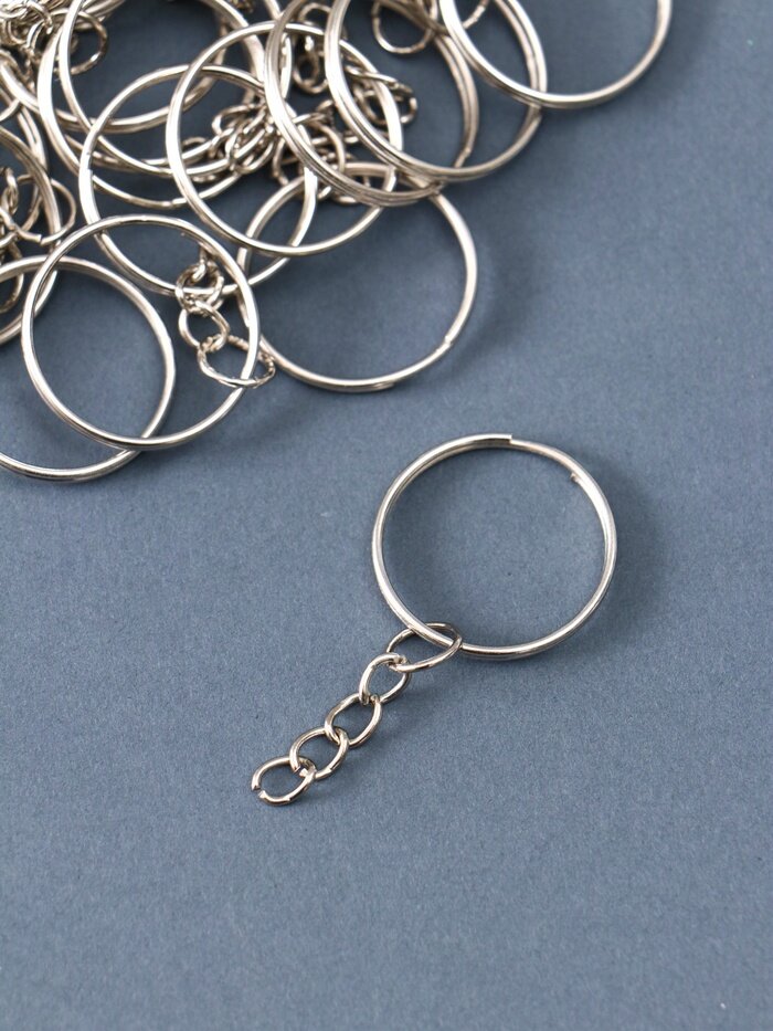 Основа для брелока: кольцо с цепочкой, металл под серебро, набор 50 шт, 2.4×2.4 см