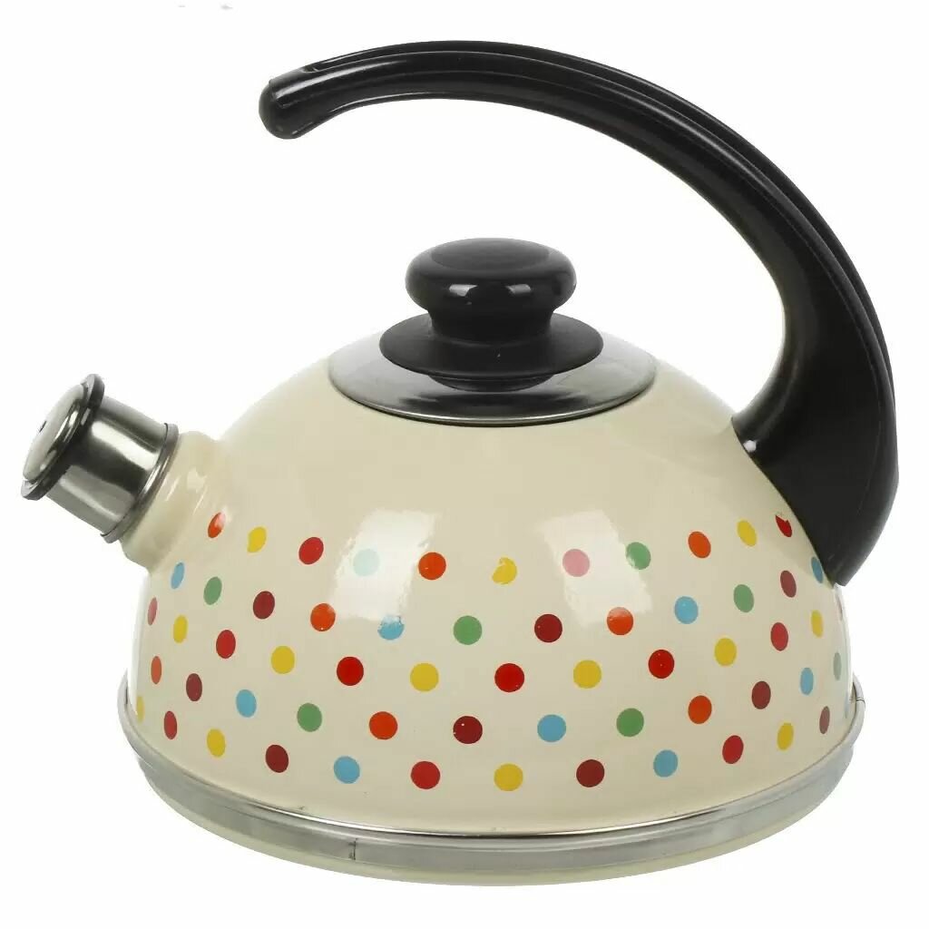 Чайник Рубин стальной эмалированный, 2,5 л, со свистком, с консольной ручкой, Разноцветные горохи, слоновая кость
