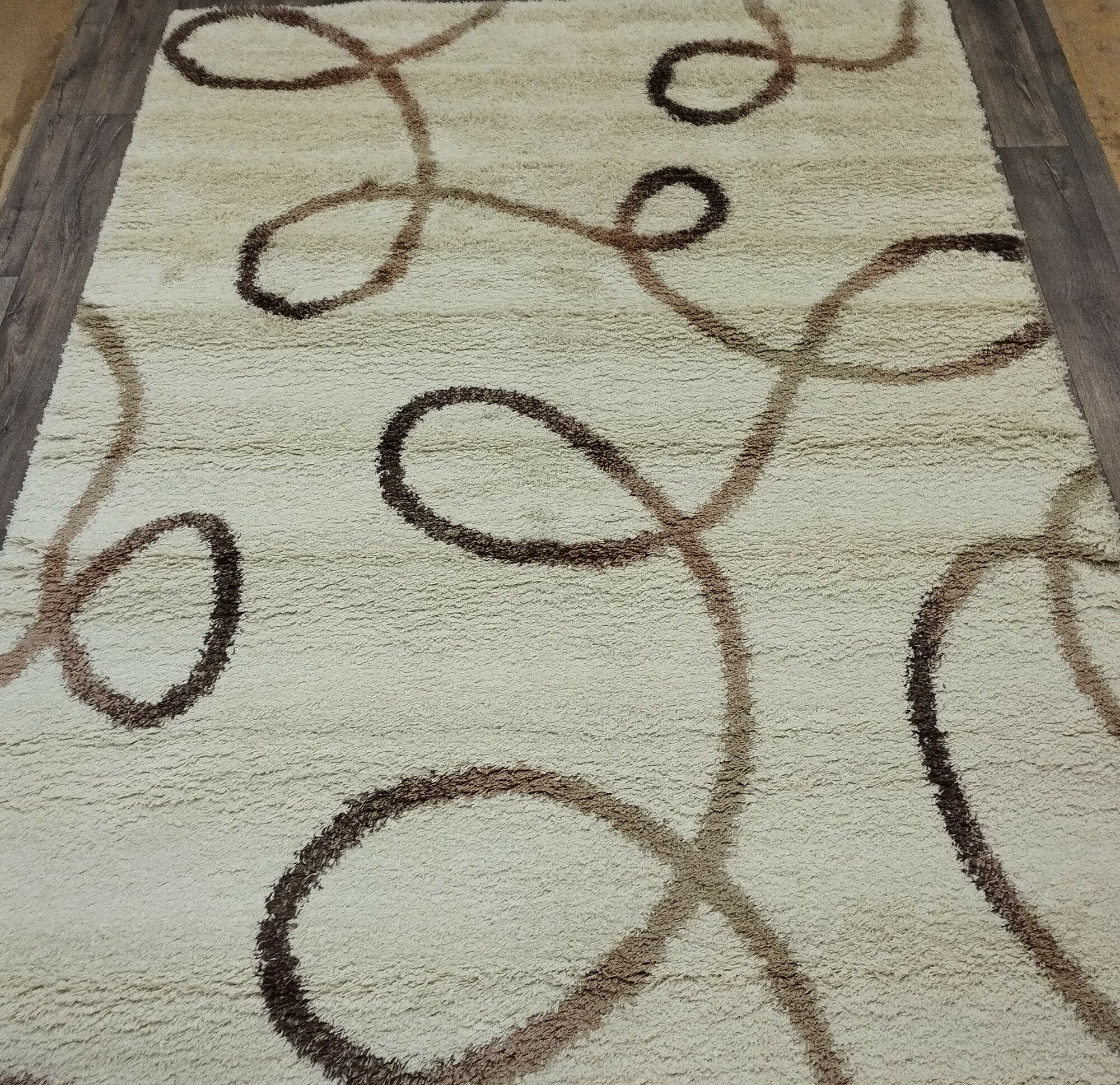 Ковер пушистый прямоугольный, в гостиную, спальню, детскую, 13421-30122, Шегги Acvila, молочный с рисунком, 2.4*3.4 м