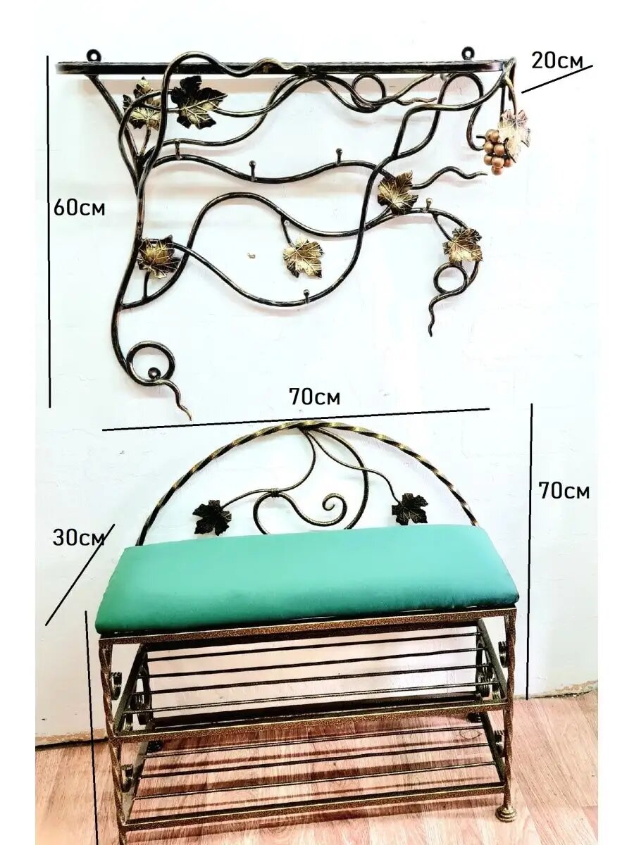 Кованая прихожая №18, вешалка + банкетка, Студия кованой мебели Нива, цвет зеленый