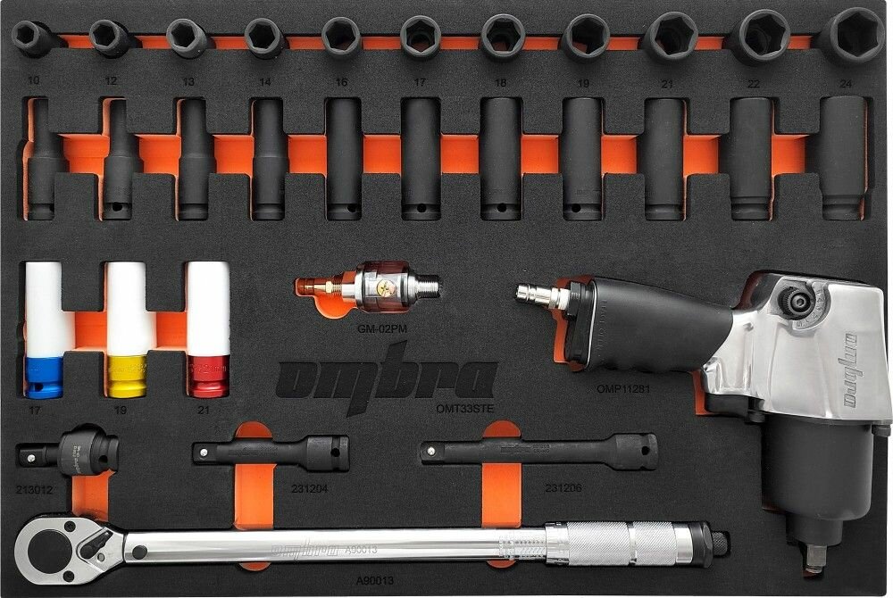 Набор с гайковертом, динамометрическим ключом и ударными головками в EVA ложементе 560х375 мм, 33 предмета Ombra OMT33STE