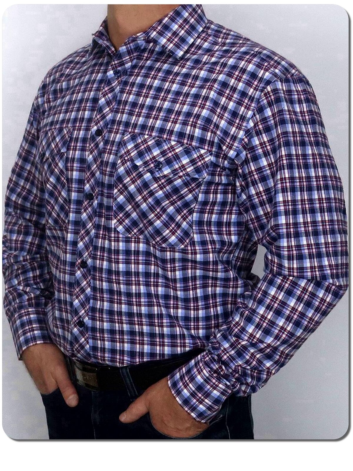 Рубашка Мужская рубашка с длинным рукавом прямая классическая, темная сорочка на пуговицах, рубаха на любой сезон, разноцветная клетка, с двумя карманами и клапанами, на любой сезон и на лето рубашка