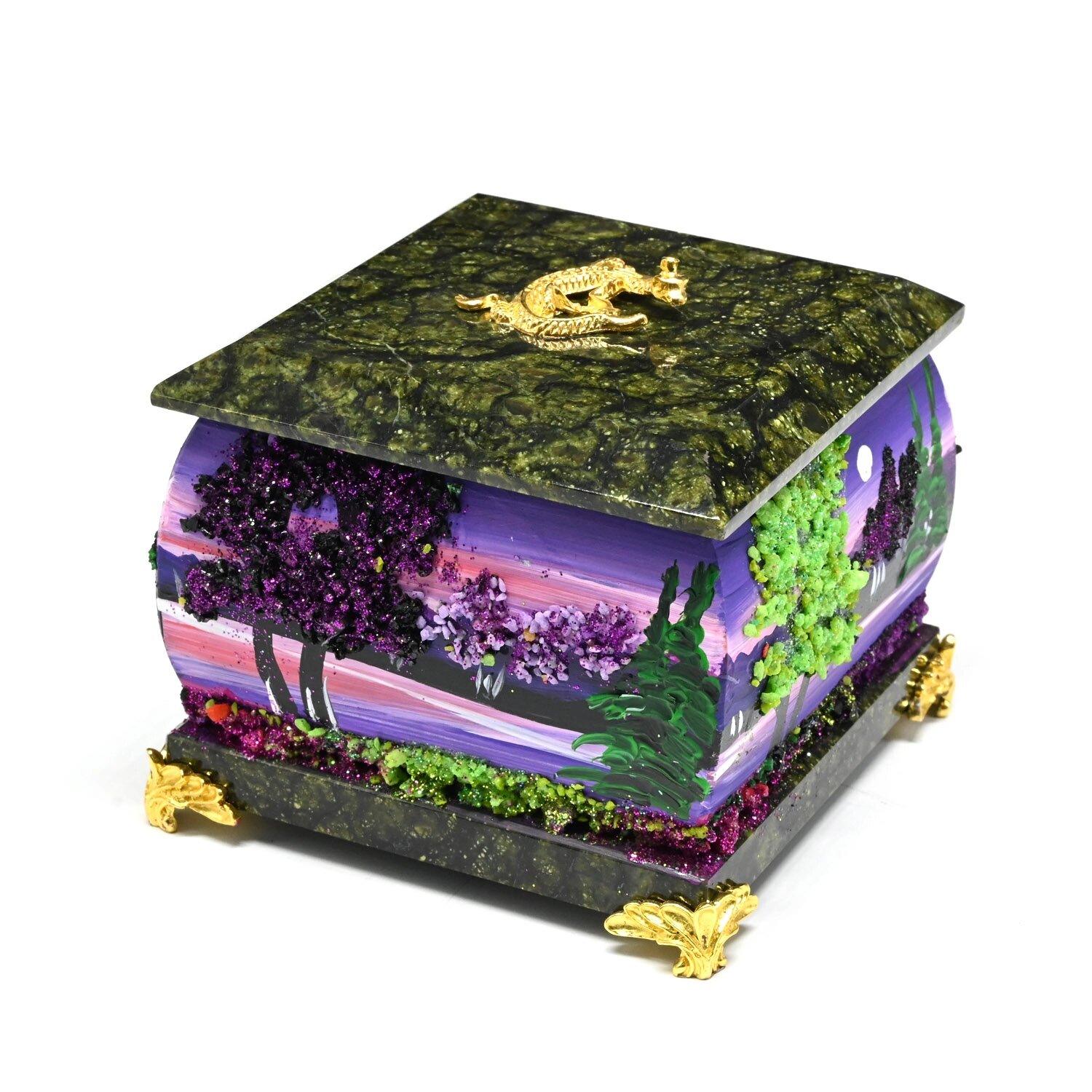 Шкатулка из камня змеевик с рисунком акриловыми красками и каменной крошкой "Летняя ночь" 90*90*85мм .