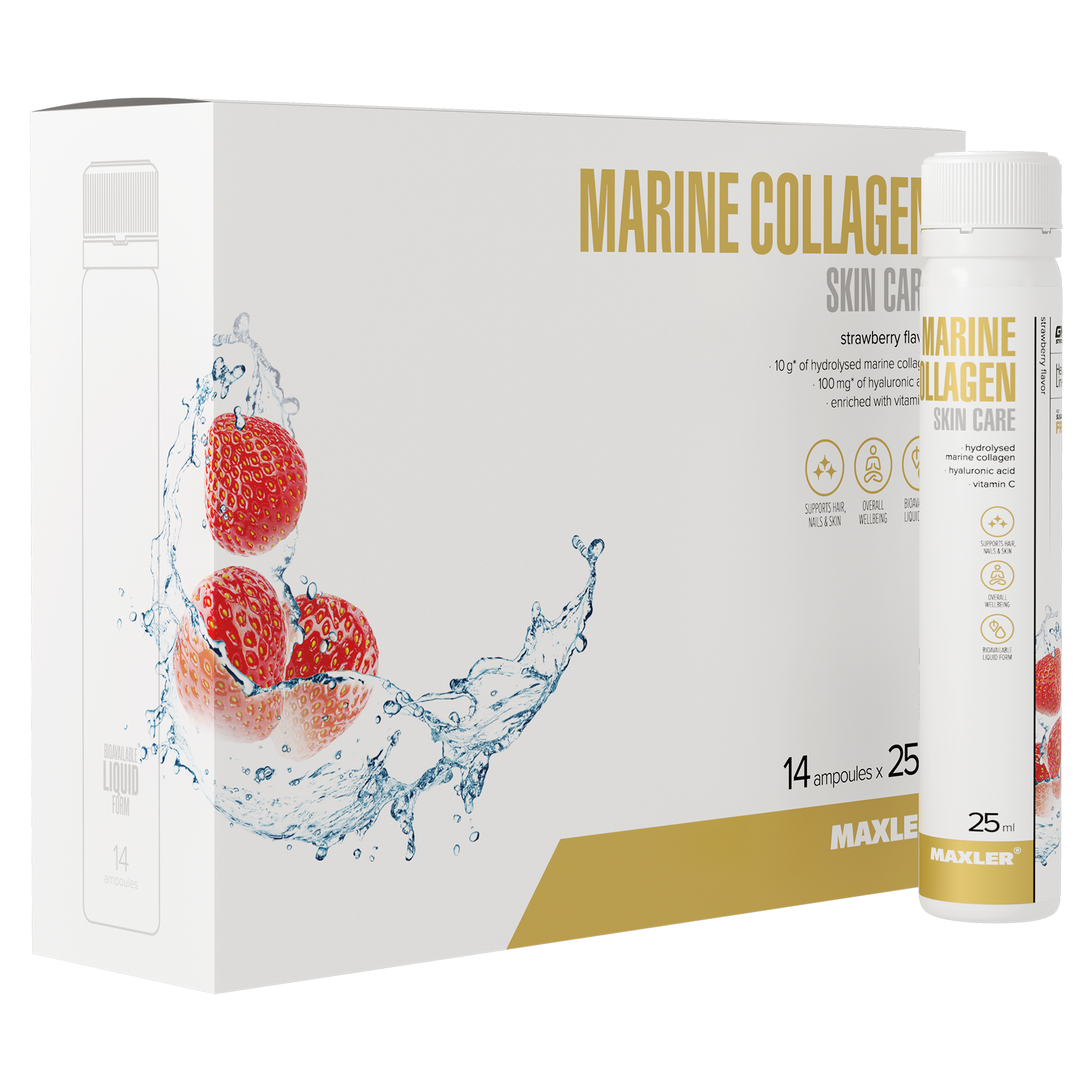 Морской коллаген с гиалуроновой кислотой и витамином С жидкий Maxler, 14 х 25 мл - Клубника
