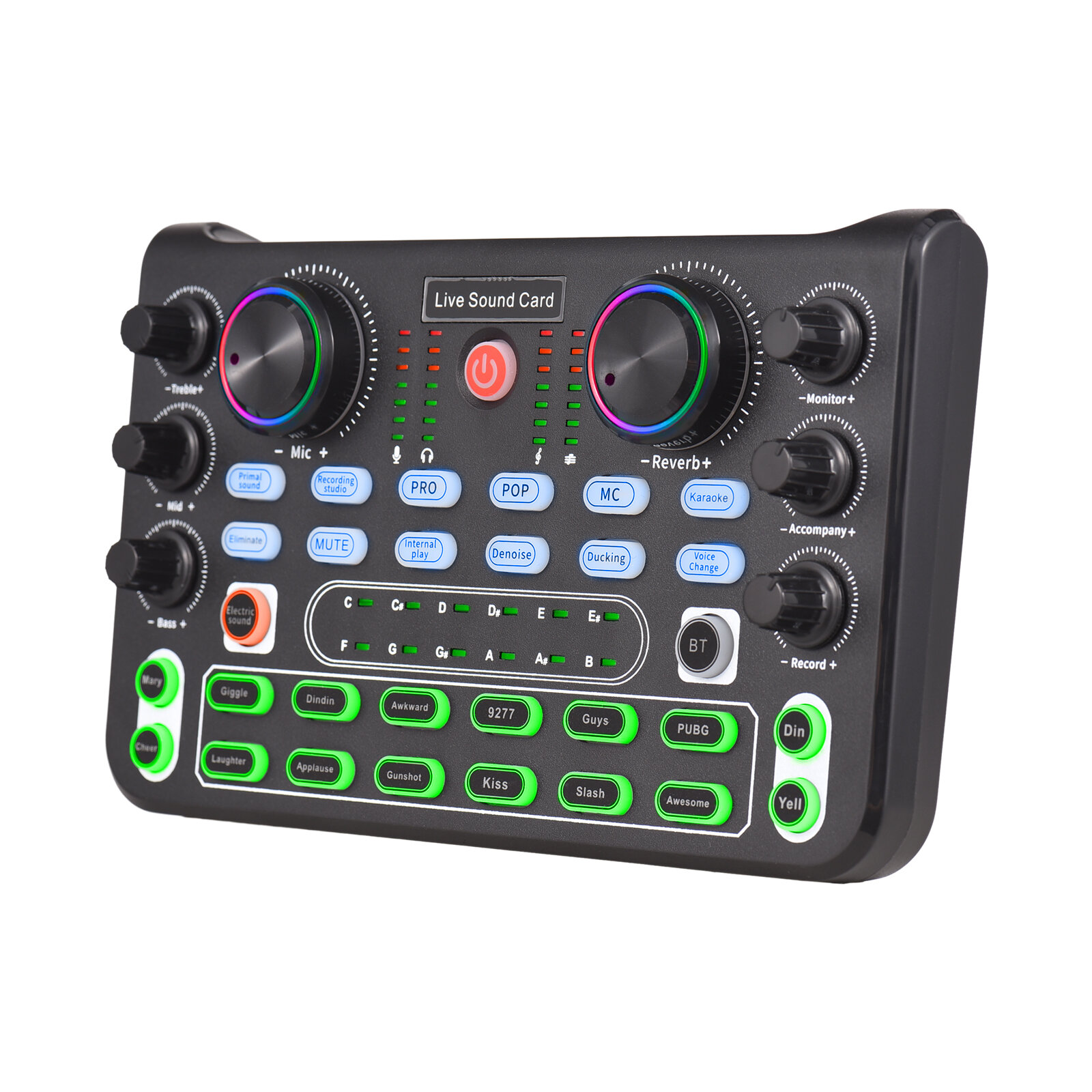 Звуковая карта для записи Live Sound Card Audio Mixer Desktop Singing DC 5V 44.1KHz с шумоподавлением для стриминга подкастов гейминга записи Soundboard с индикаторными огнями ручками кнопками управления черного цвета двойного канала 16 бит 8 ручек 31