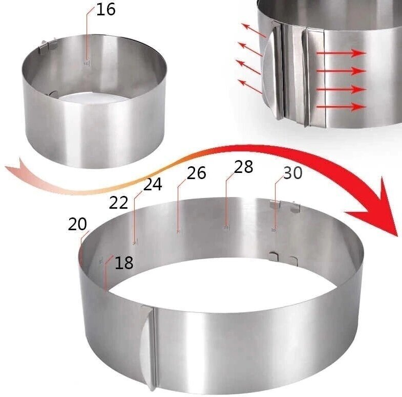 Кулинарное кольцо для выпечки с регулируемым диаметром 16-30 см, форма для бисквитов и коржей, из нержавеющей стали, удобная и безопасная в использовании, идеально для тортов и десертов