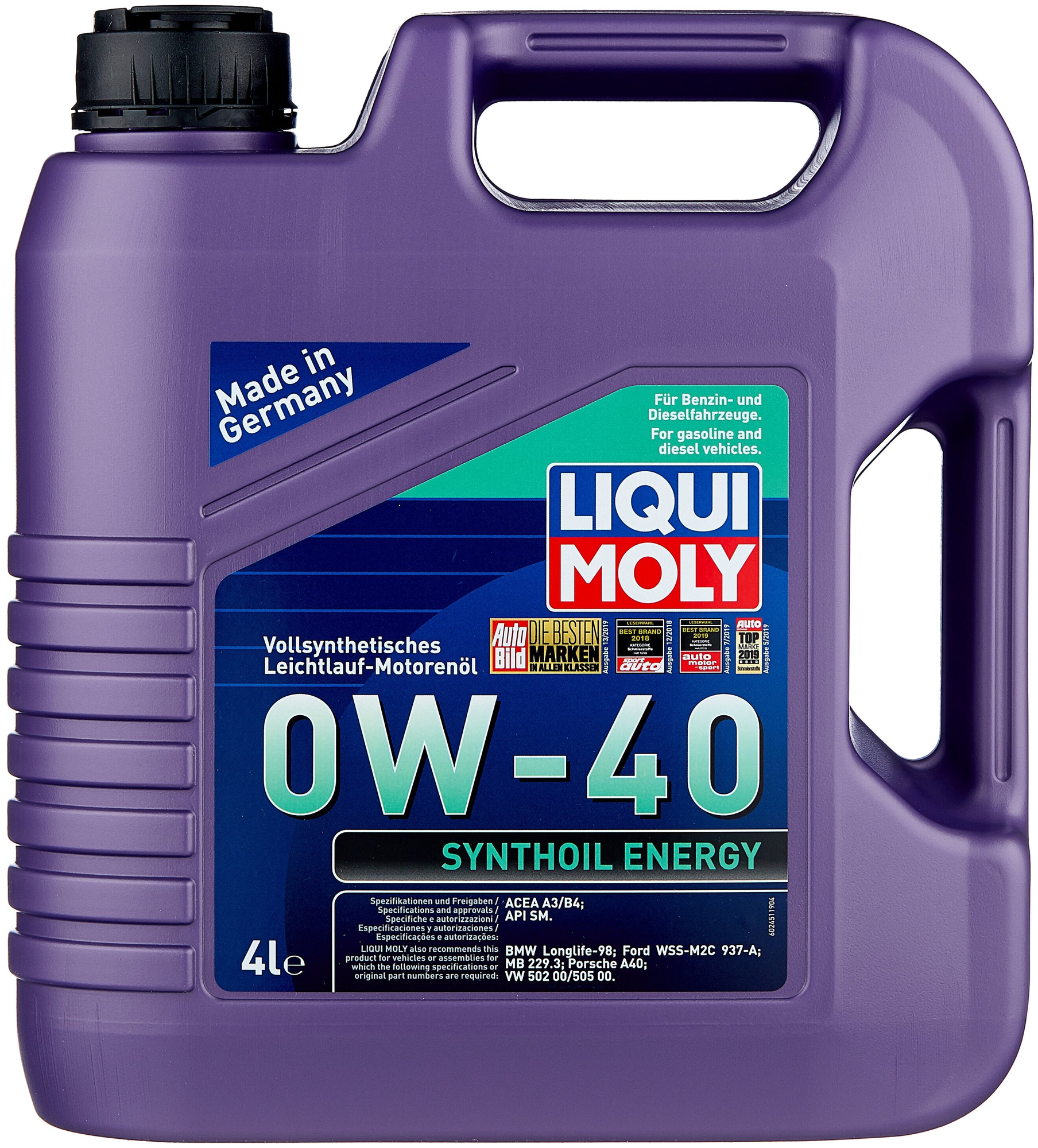 Масло моторное LIQUI MOLY Synthoil Energy A3/B4 0W-40 синтетическое 4 л 7536