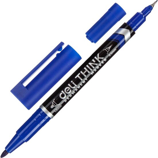 Маркер перманентный Deli двусторонний Think 0,5/1 мм синий EU211-BL