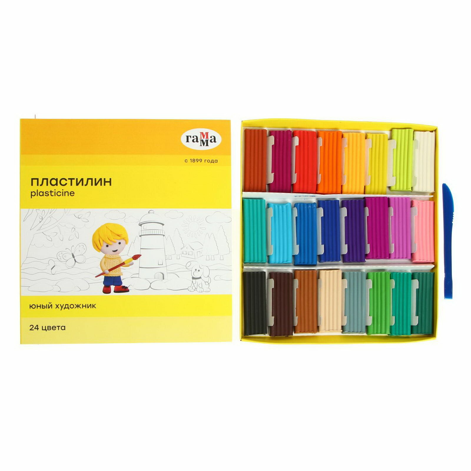 Пластилин "Гамма. Юный художник", 24 цвета, 336 г, со стеком, картонная упаковка