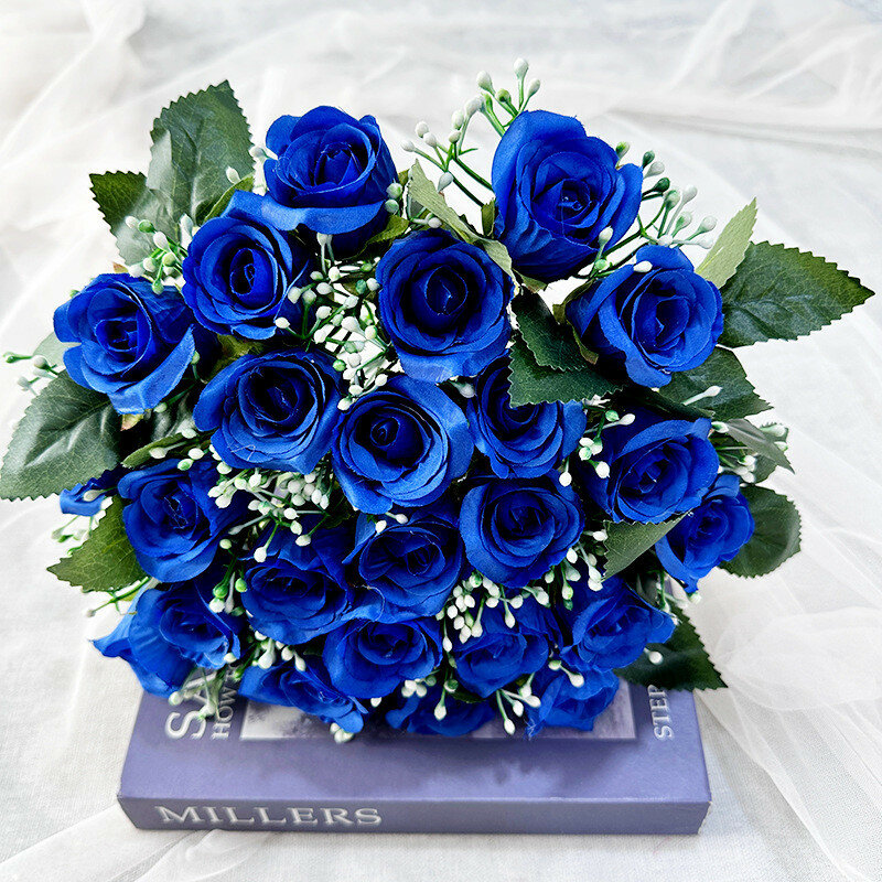 Artificial rose flower bouquet set for wedding decor photography prop home decor with 24 stems deep blue