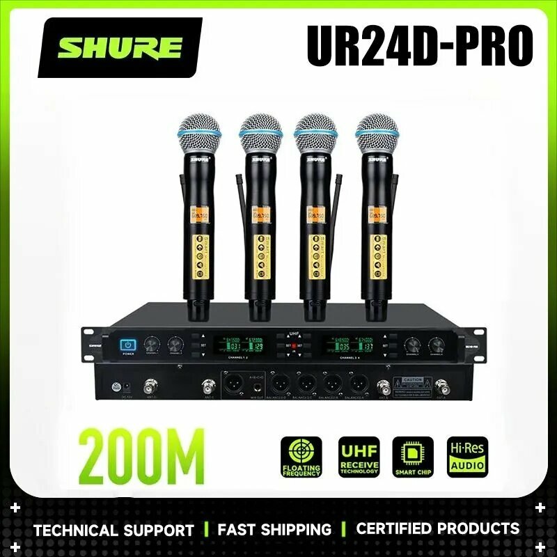 Shure Микрофон для живого вокала Shure UR-24D (1 перетягивает 4)PRO Ручной беспроводной микрофон Подходит для сценического шоу, музыкального фестиваля, свадебного , черный
