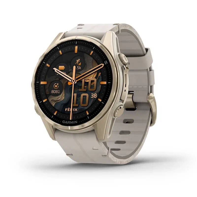 Garmin Fenix 8 43 mm AMOLED Sapphire soft gold with a fog gray leather band 010-02903-40