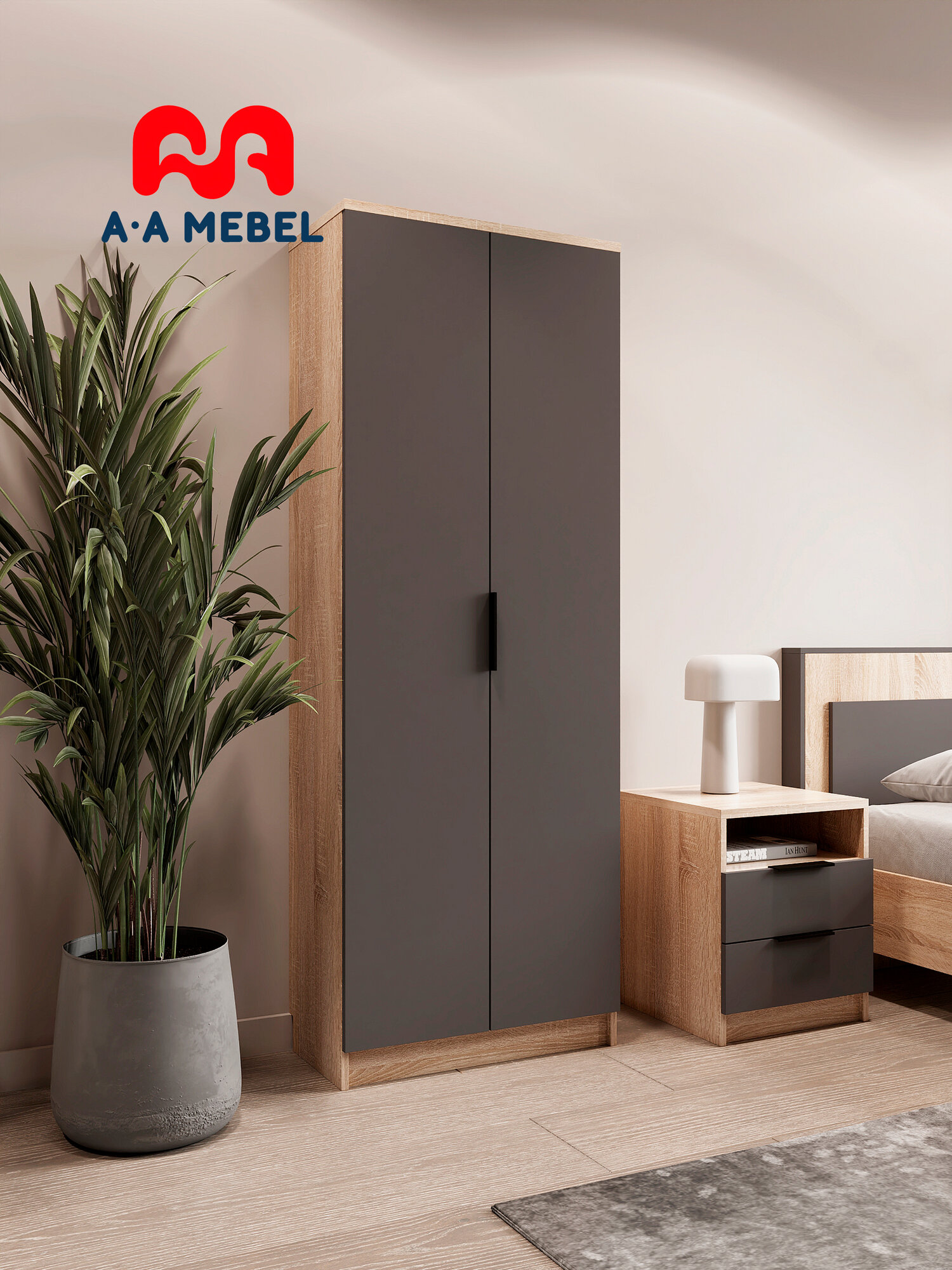 Шкаф для одежды A-A MEBEL Оксфорд платяной распашной двухдверный ЛДСП МДФ 68x35x185 см дуб сонома/графит, серый