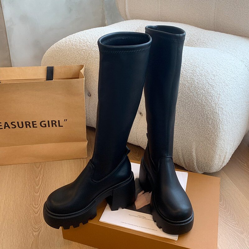 Длинные сапоги в стиле ретро для женщин, весна-осень 2025 года, новые сапоги до колена на толстом каблуке и толстой подошве, облегающие универсальные рыцарские сапоги