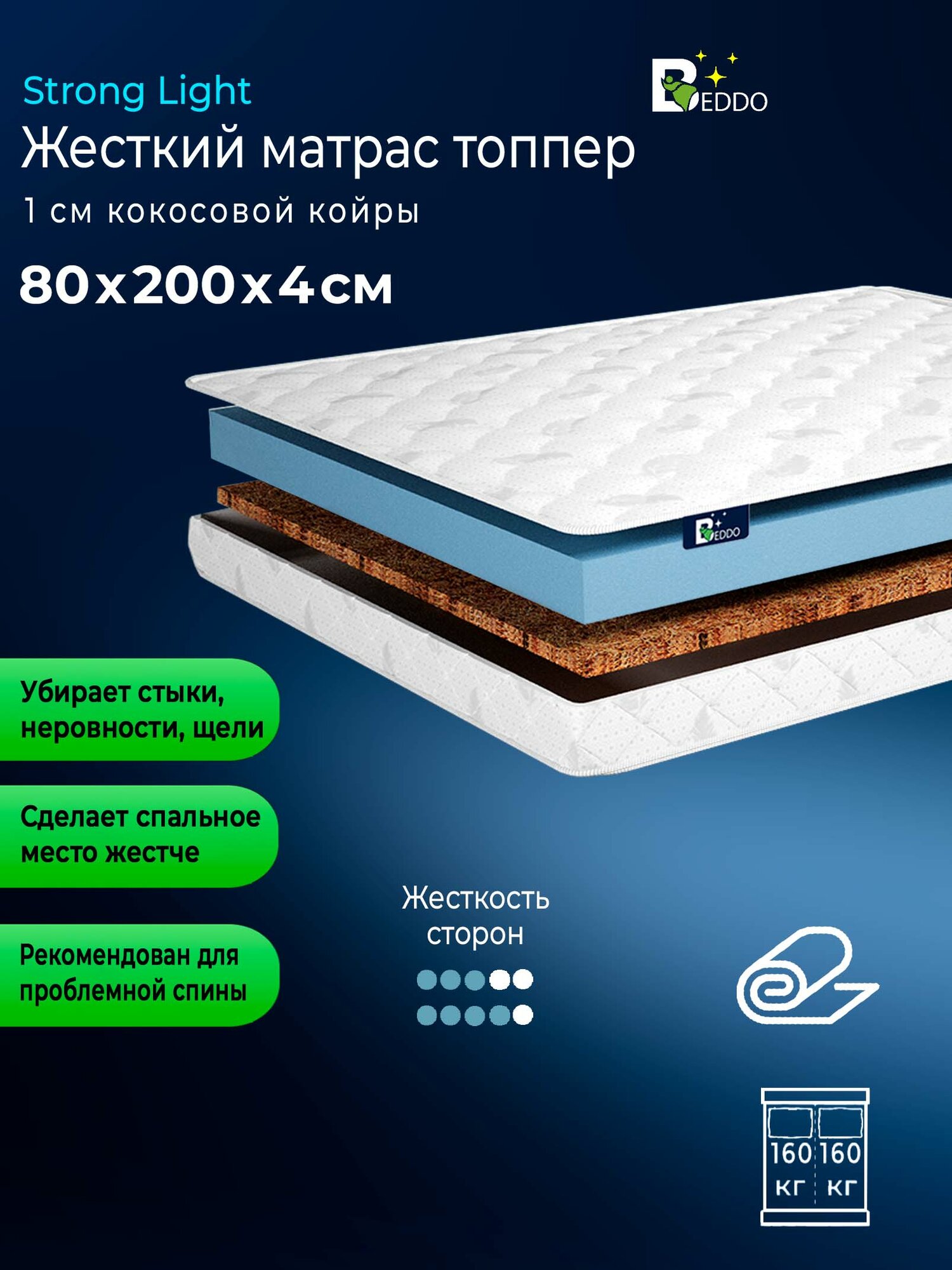 Беспружинный матрас топпер 80х200 4 см BEDDO Strong Light с анатомическим и ортопедическим эффектом