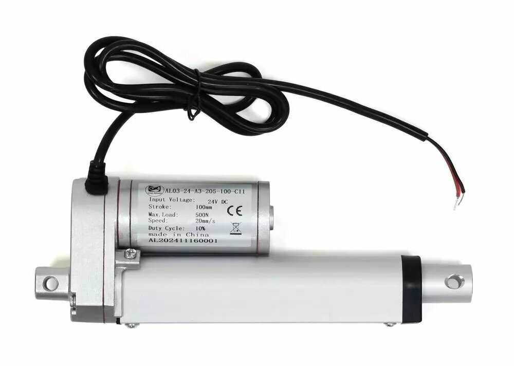 Линейный привод (актуатор) 24 В, длина хода 100 мм, 20 мм/с, нагрузка до 50 кг.