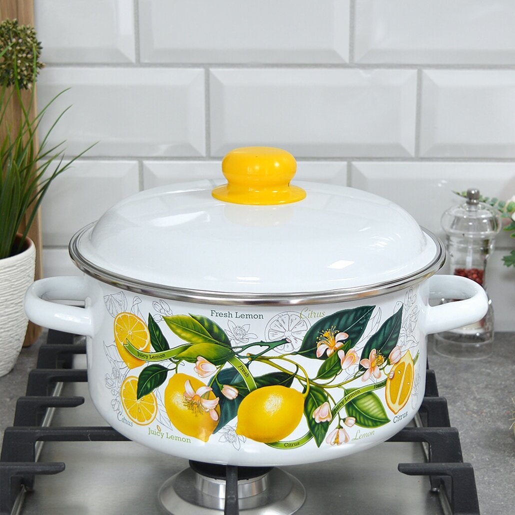 Кастрюля эмалированная 4л, серия 'Лимоны в цвету', сталь, для всех плит