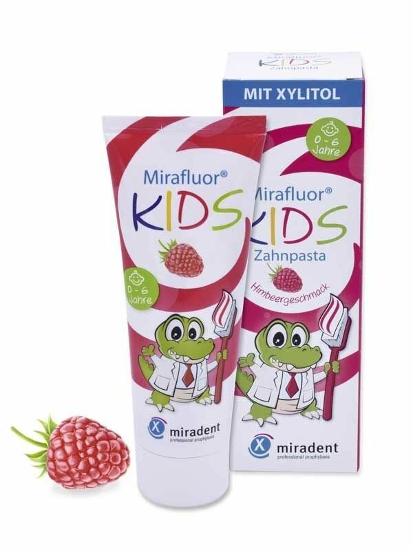 Детская зубная паста от 0 miradent Mirafluor Kids, со вкусом малины, от кариеса с дозатором 75мл.