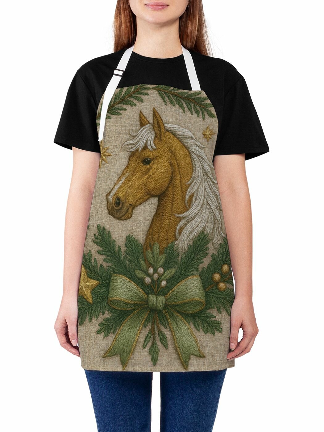Фартук для кухни тканевый "Золотистый конь" / водоотталкивающий, универсальный размер , JoyArty, серия Новый год