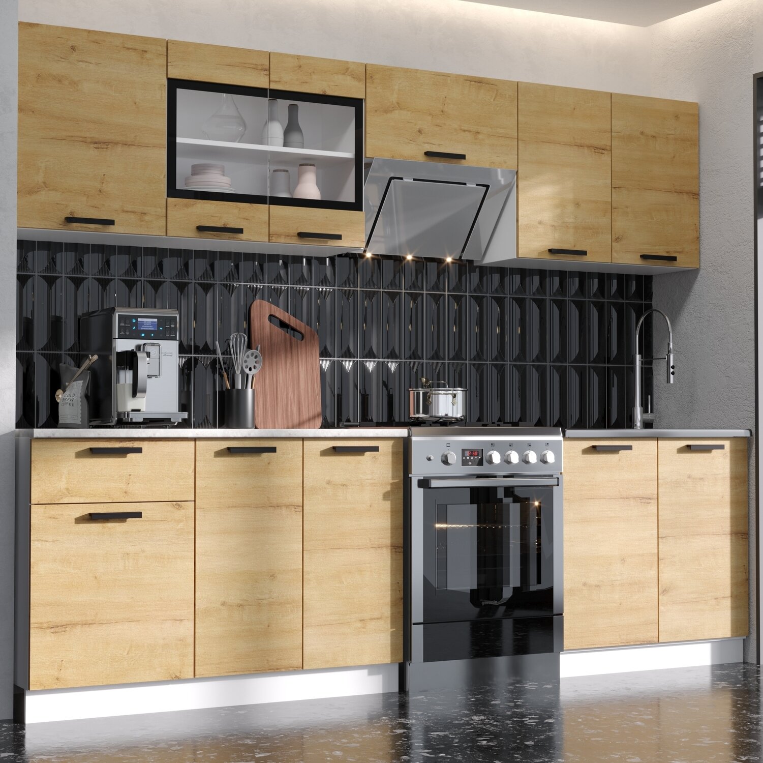 Кухонный гарнитур, готовый комплект Хозяюшка 2.6 метра Дуб Вотан.