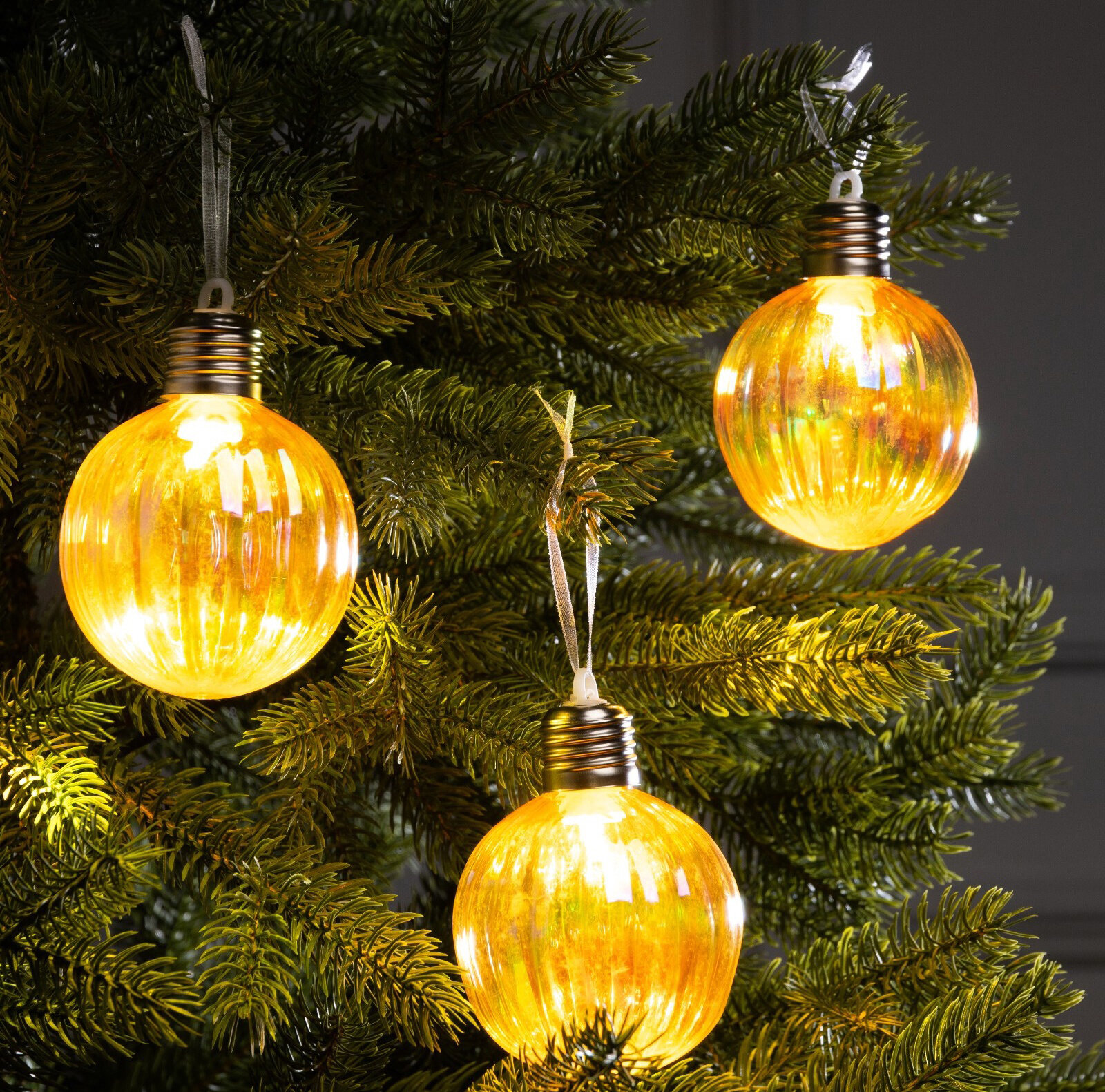 Набор ёлочных шаров "Золотистые грани" от батареек, d 7 см, новогодний интерьерный декор, световая фигура, украшение на Новый год, игрушка на ёлку, 3 шт, 3 LED фонарика, свечение тёплое белое