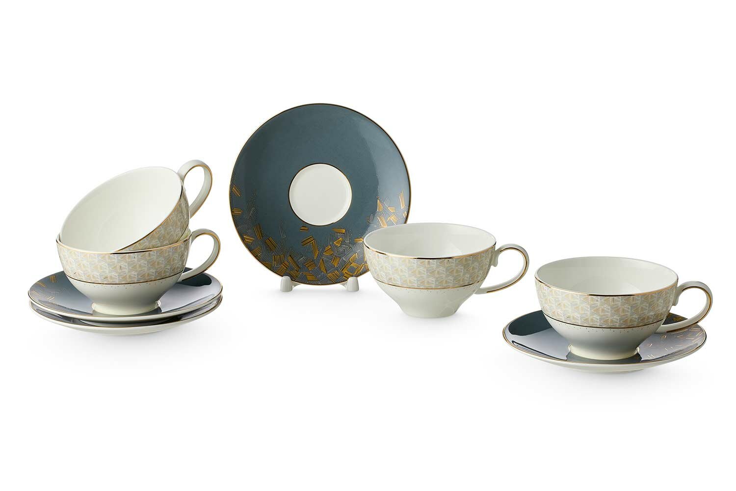 Набор чайных пар EVIO Etta, на 4 персоны, 8 предметов, фарфор, белый/серый/золотой