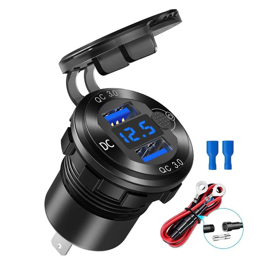 Автомобильное зарядное QC 3.0 с 2 USB, дисплеем, Blue add wire