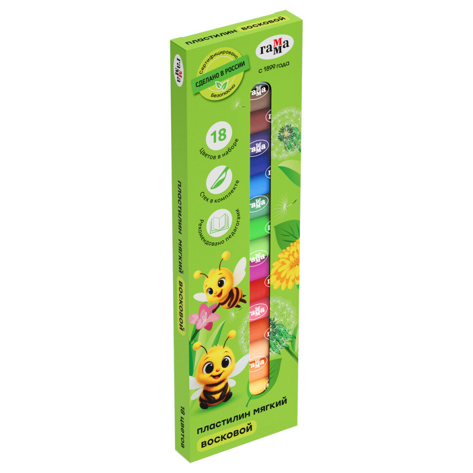Пластилин восковой мягкий Гамма "Пчелка", 18 цветов, 216г, со стеком, картон. упаковка, 384186