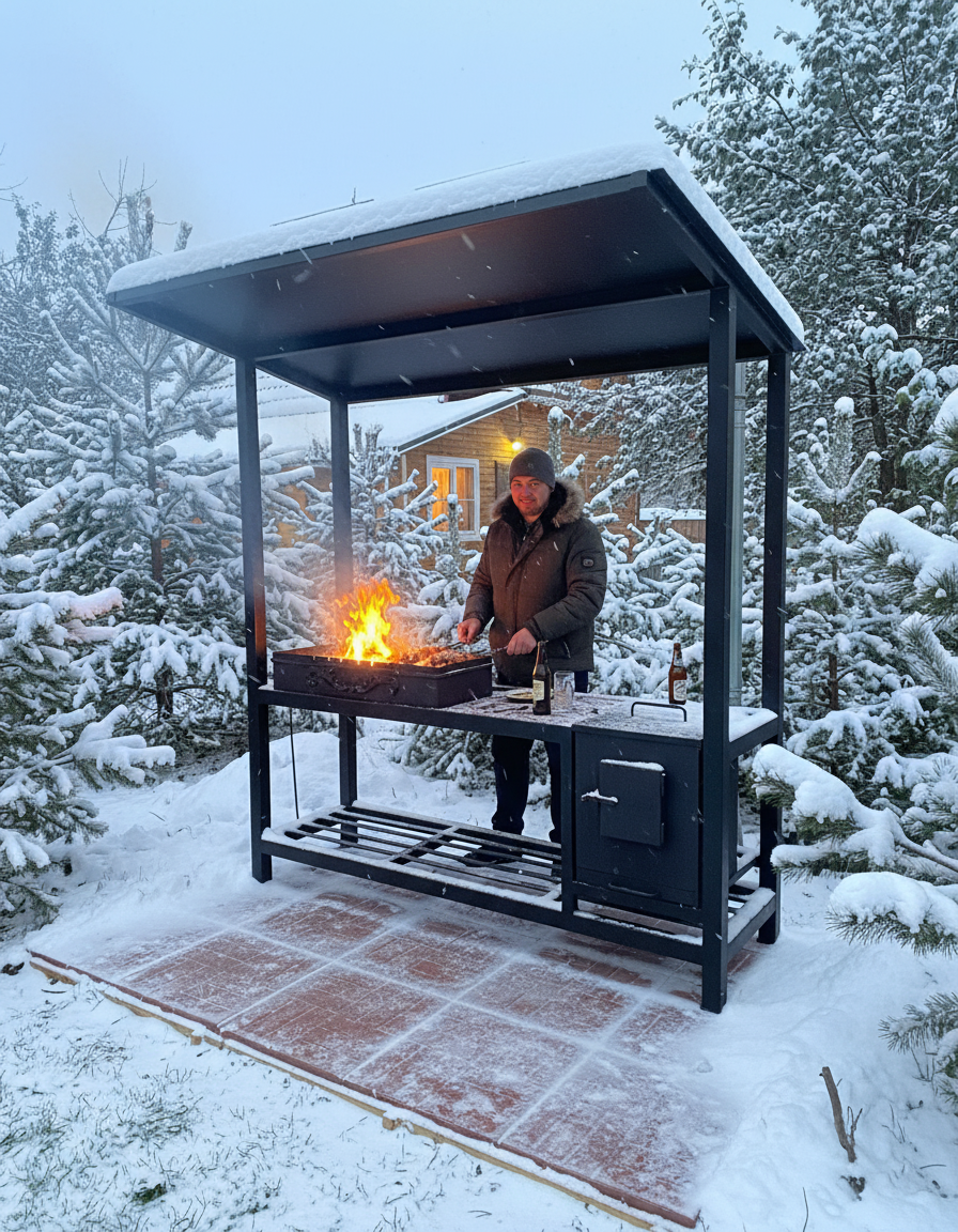 Мангал с крышей, печкой под казан в стиле лофт прямой мангальная зона для шашлыка, мангал для дачи со столиком и полкой
