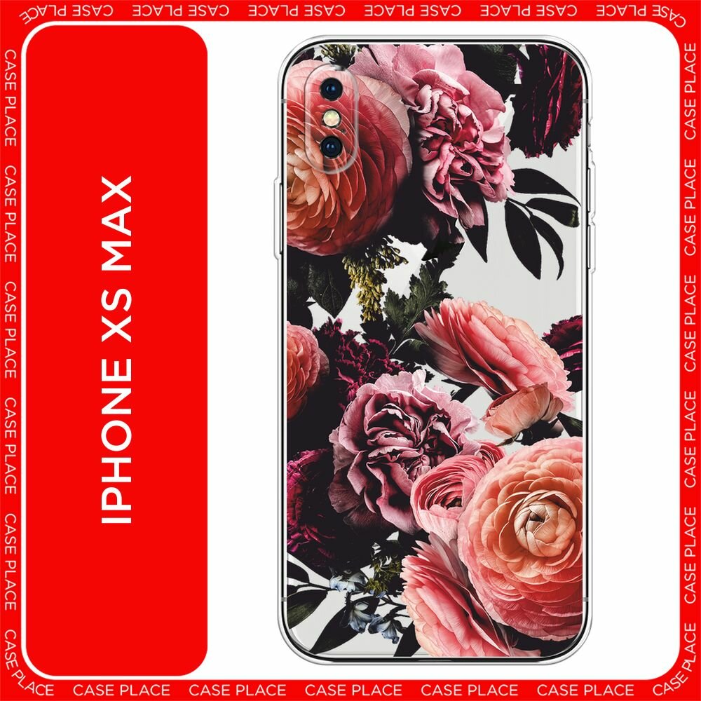 Чехол на Apple iPhone XS Max / Айфон XS Max с принтом "Бордовые винтажные цветы", прозрачный