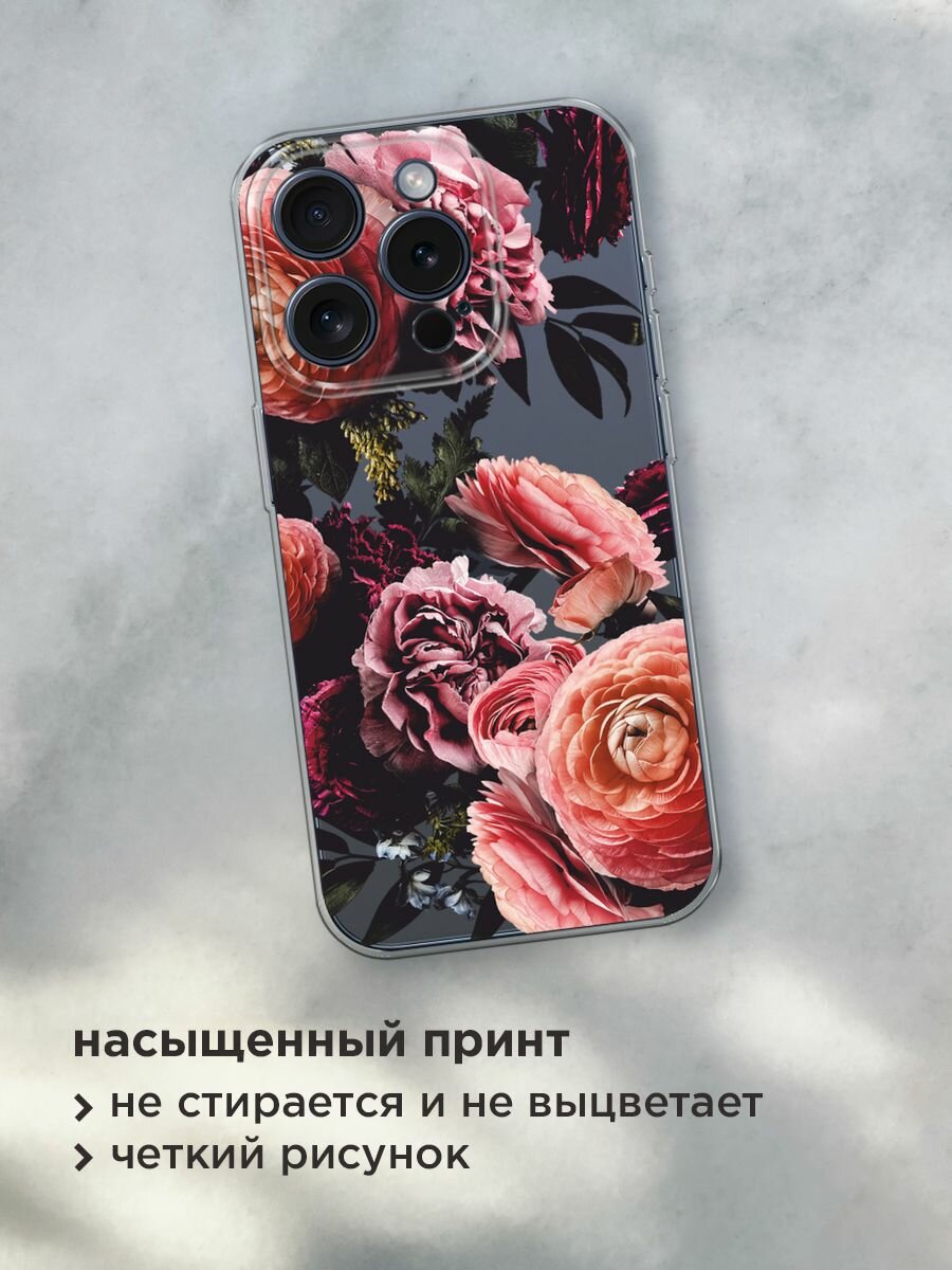 Чехол на Apple iPhone 15 Pro / Айфон 15 Про с принтом "Бордовые винтажные цветы", прозрачный — фото 1