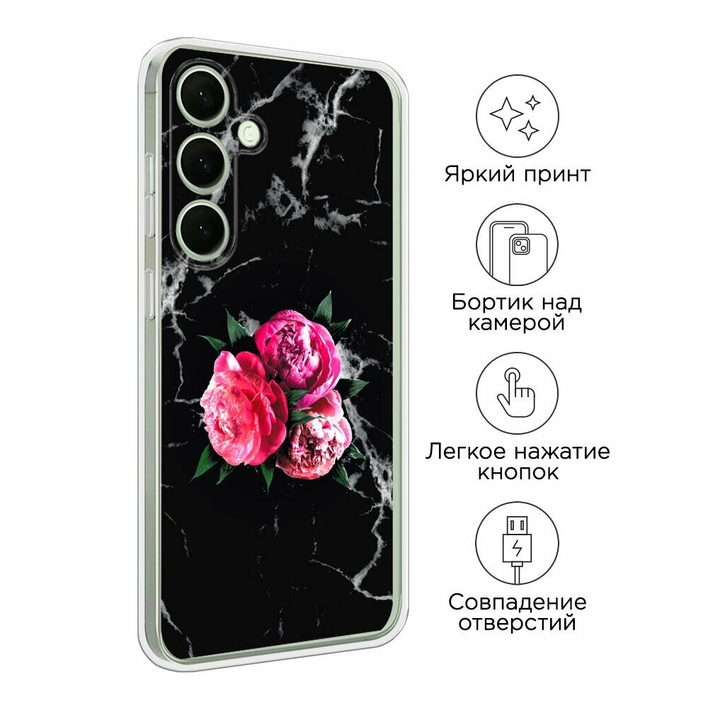 Чехол на Samsung Galaxy S25 Plus / Самсунг S25 Плюс с принтом "Букет на черном мраморе" — фото 1
