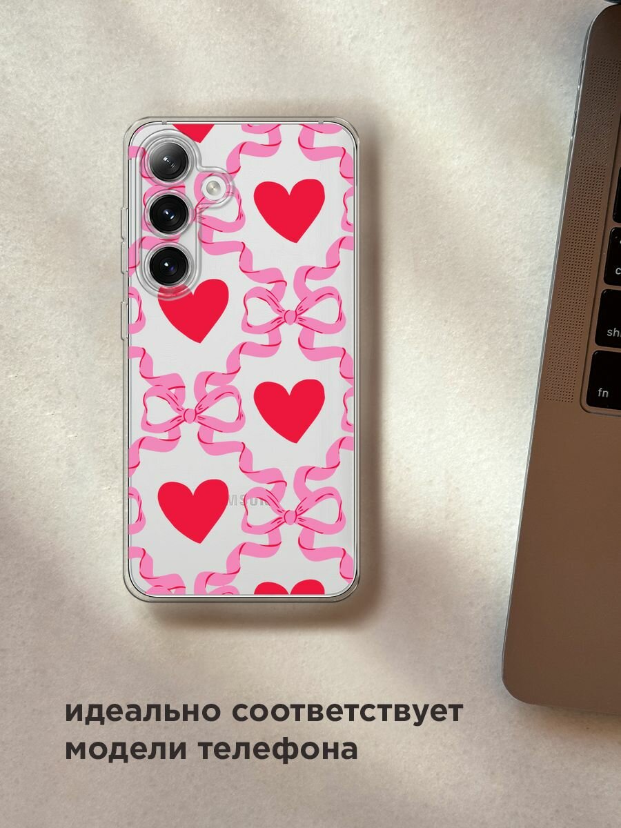 Чехол на Samsung Galaxy S24 / Самсунг S24 с принтом "Hearts and ribbons 2 - 14 февраля", прозрачный — фото 1