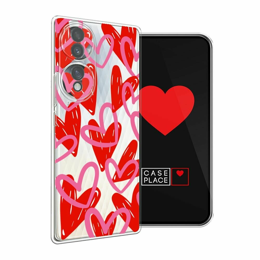 Чехол на Honor 70 / Хонор 70 с принтом "Hearts doodles - 14 февраля", прозрачный — фото 1