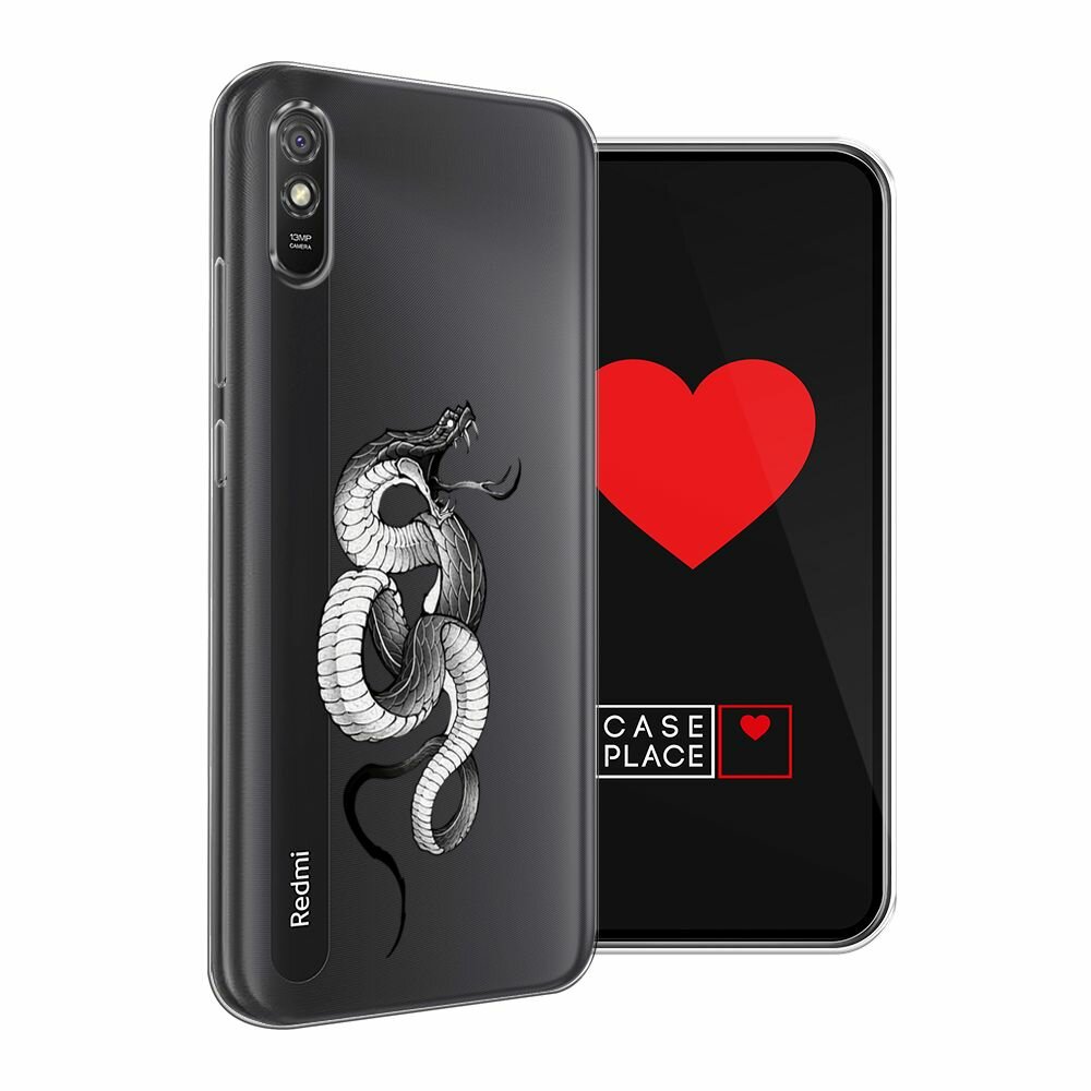 Чехол на Xiaomi Redmi 9A / Сяоми Редми 9А с принтом Монохромная змея рисунок, прозрачный — фото 1